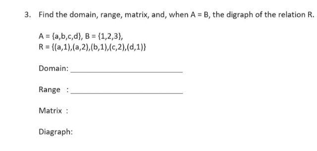 Solved 3. Find the domain, range, matrix, and, when A = B, | Chegg.com
