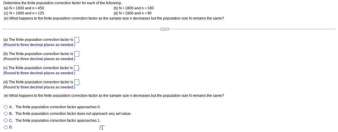 Solved Determine the finite population correction factor for | Chegg.com