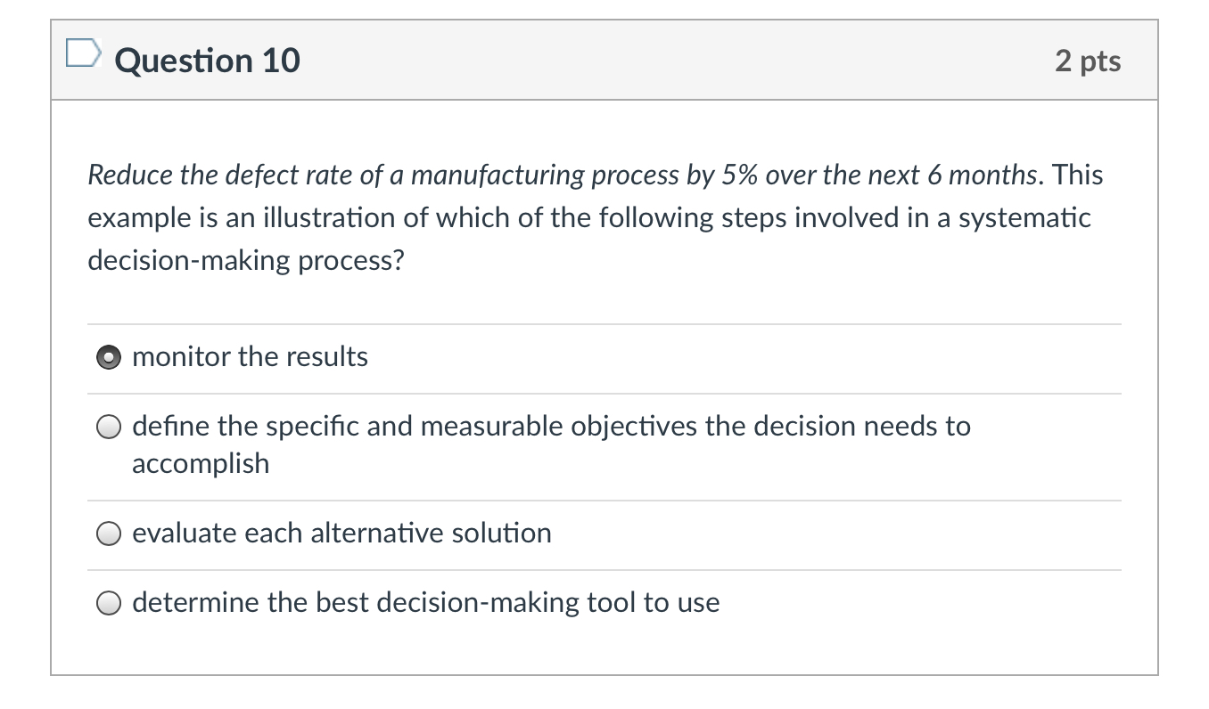 Solved Question 10 2 pts Reduce the defect rate of a | Chegg.com