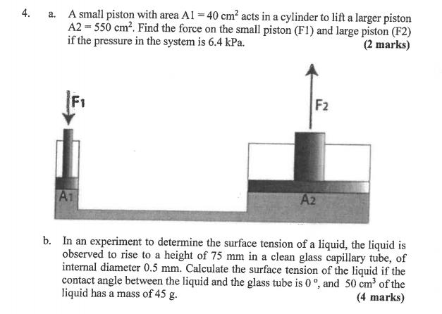 Solved 4. a. A small piston with area Al = 40 cm² acts in a | Chegg.com