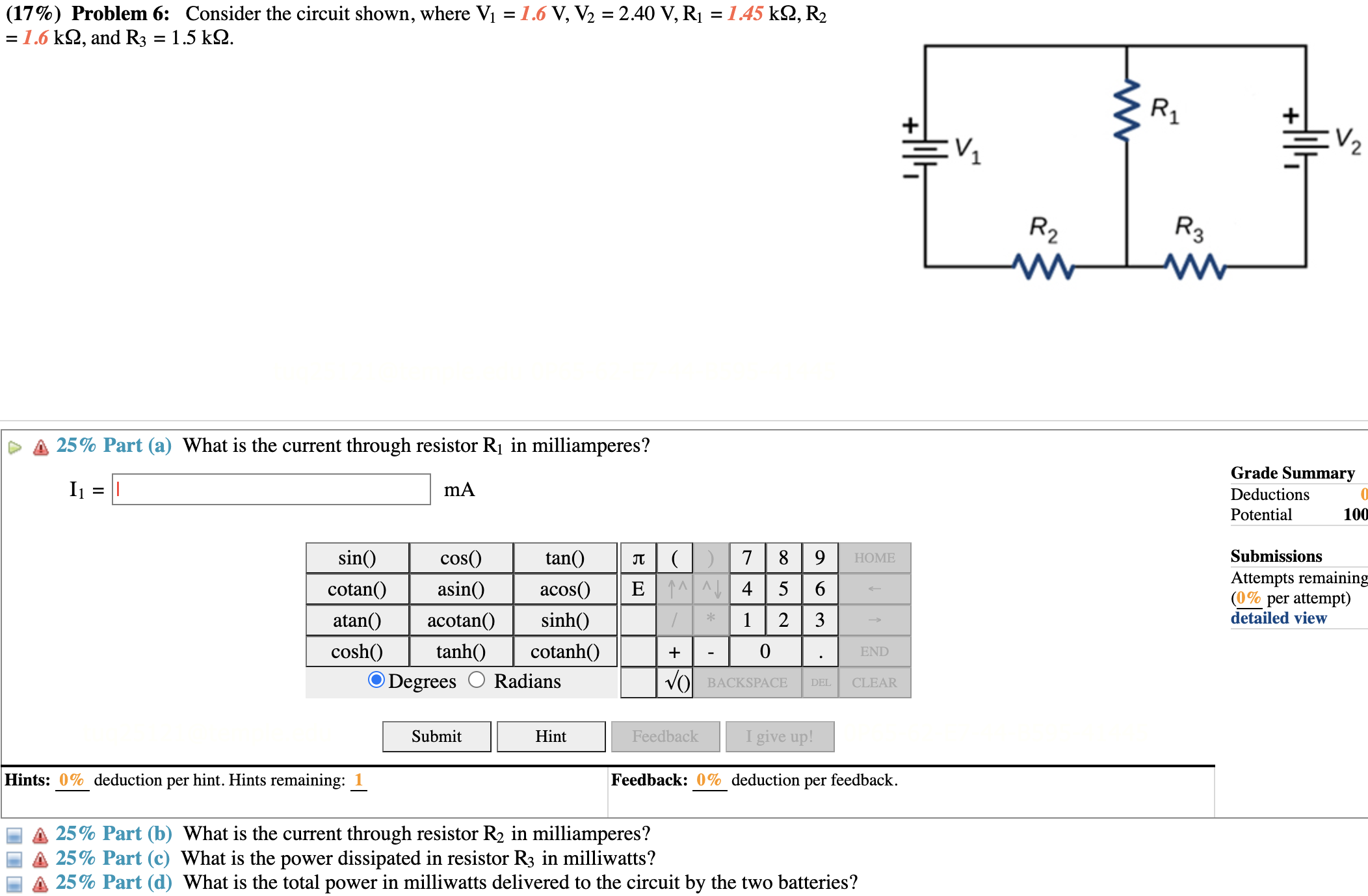 Solved (17\%) Problem 6: Consider the circuit shown, where | Chegg.com