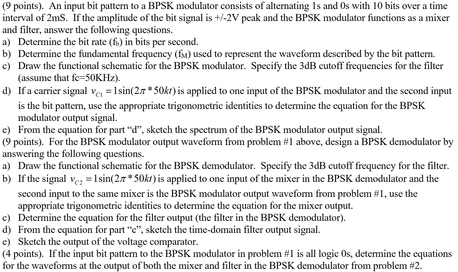 (9 points). An input bit pattern to a BPSK modulator | Chegg.com