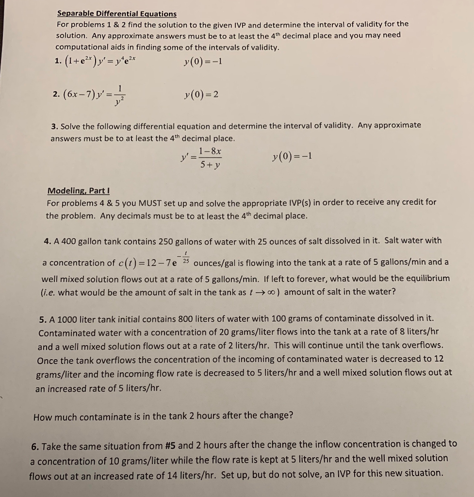 Solved Separable Differential Equations For Problems 1 2 Chegg