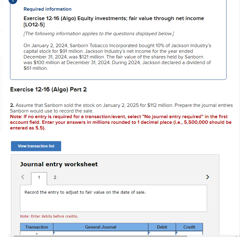 Solved Required information Exercise 12-16 (Algo) Equity | Chegg.com
