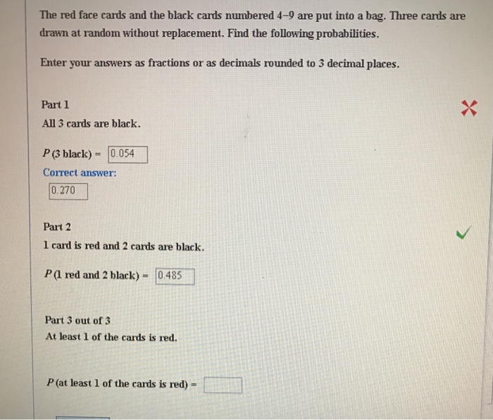 Solved The red face cards and the black cards numbered 4-9 | Chegg.com
