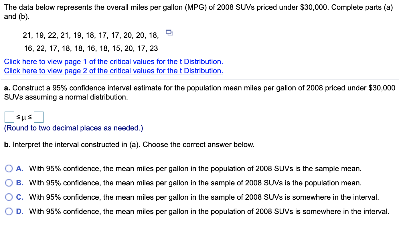 Solved The data below represents the overall miles per | Chegg.com