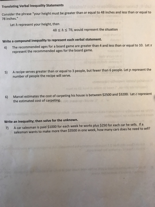 Solved Translating Verbal Inequality Statements Consider the | Chegg.com