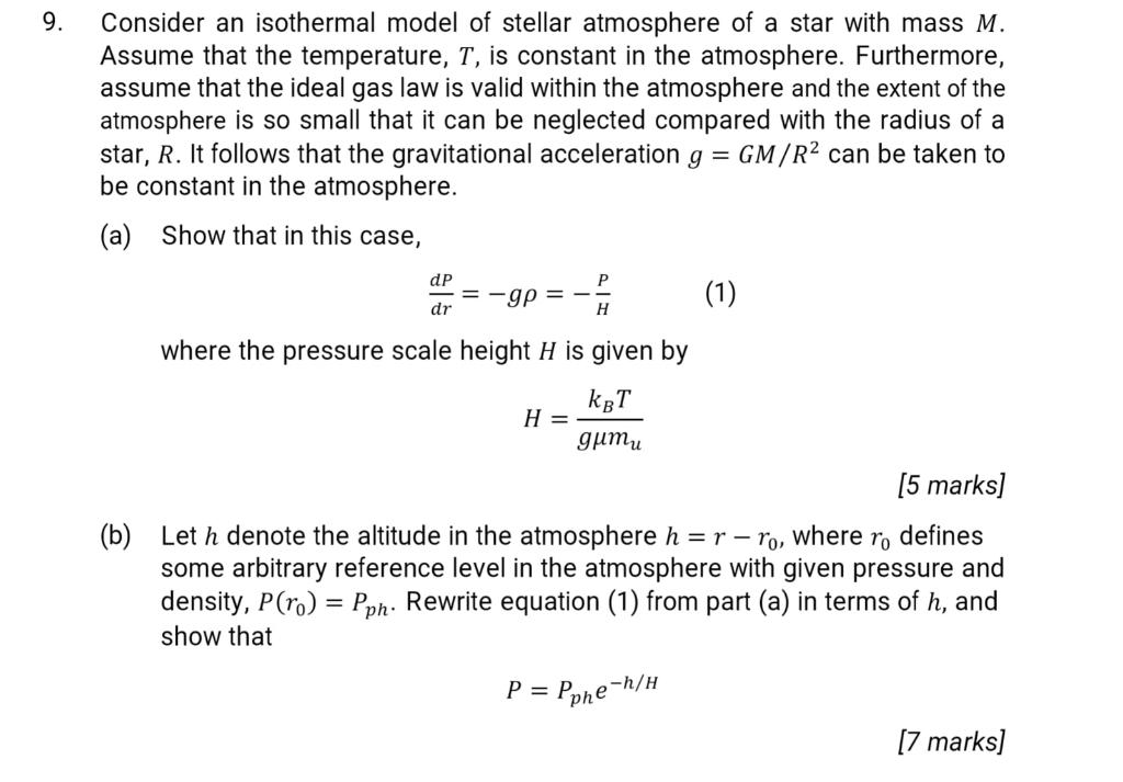 Solved 9. Consider an isothermal model of stellar atmosphere | Chegg.com