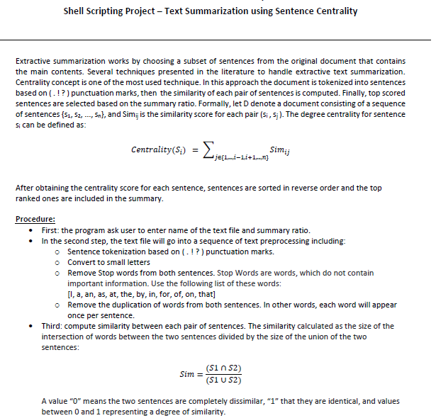 Shell Scripting Project - Text Summarization using | Chegg.com