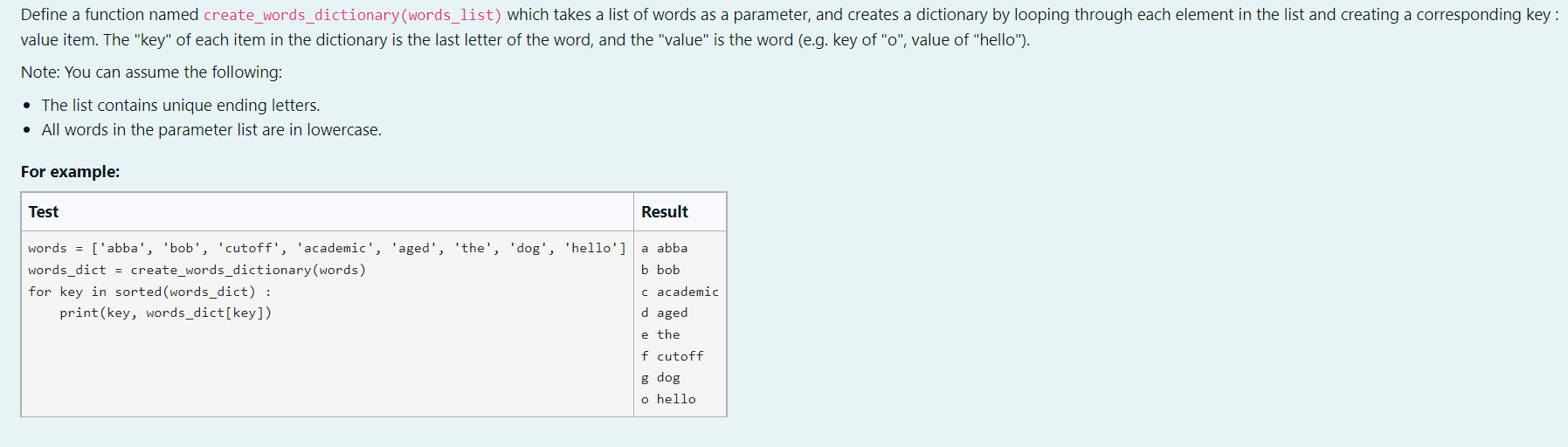 Solved Define a function named create_words_dictionary | Chegg.com