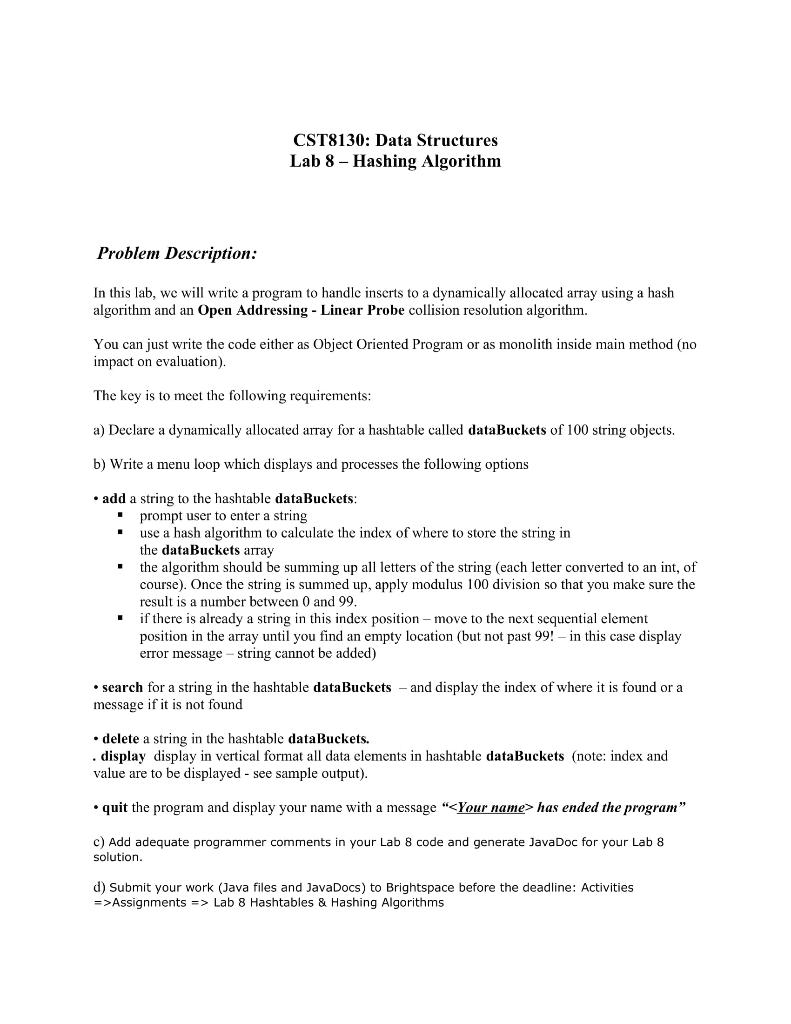 Solved Cst8130 Data Structures Lab 8 Hashing Algorithm 3084