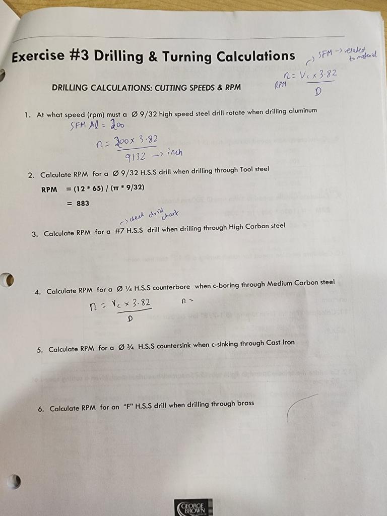 DRILLING CALCULATIONS: CUTTING SPEEDS \& RPM | Chegg.com
