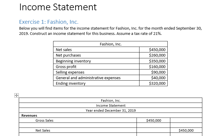 Solved Income Statement Exercise 1: Fashion, Inc. Below you | Chegg.com