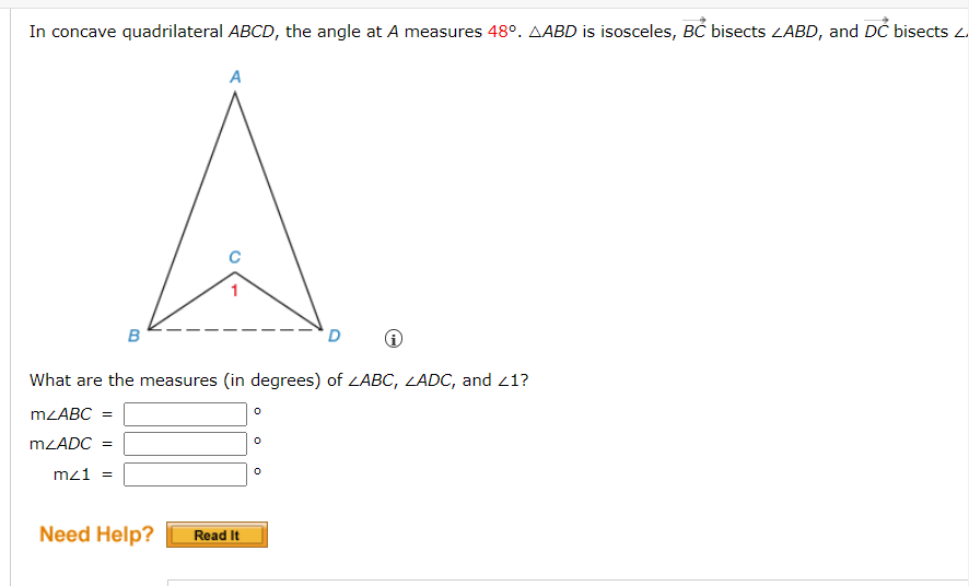 Solved In concave quadrilateral ABCD, the angle at A | Chegg.com