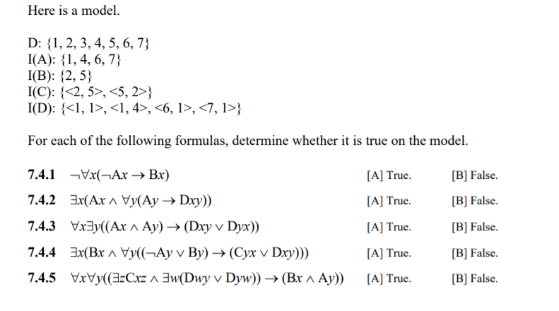 Solved Here is a model. D: {1, 2, 3, 4, 5, 6, 7} I(A): 1, 4, | Chegg.com