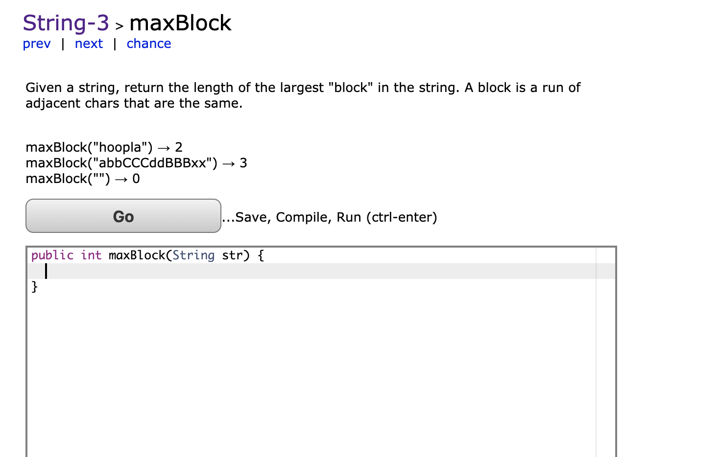 Solved String-3 > maxBlock prev | next | chance Given a | Chegg.com