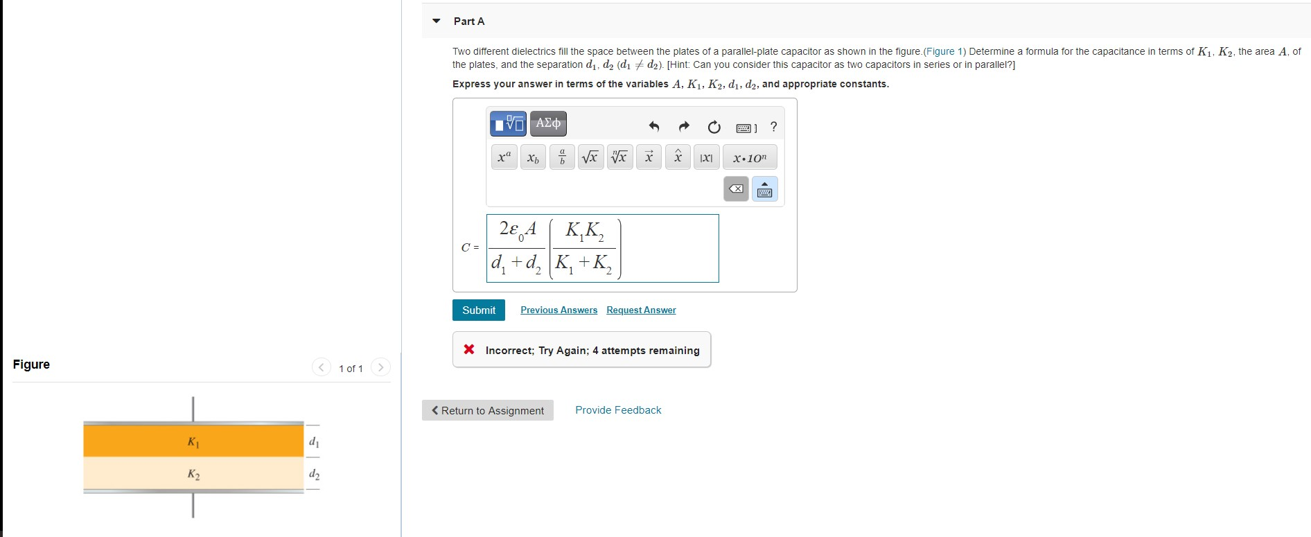 Solved Part A Two different dielectrics fill the space | Chegg.com