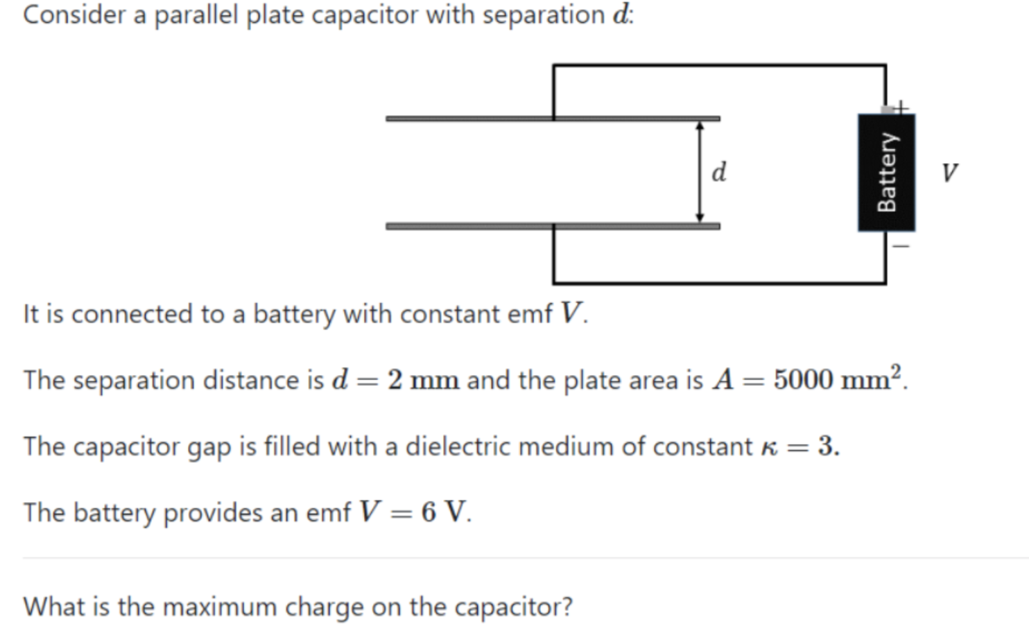 Solved Consider a parallel plate capacitor with separation | Chegg.com