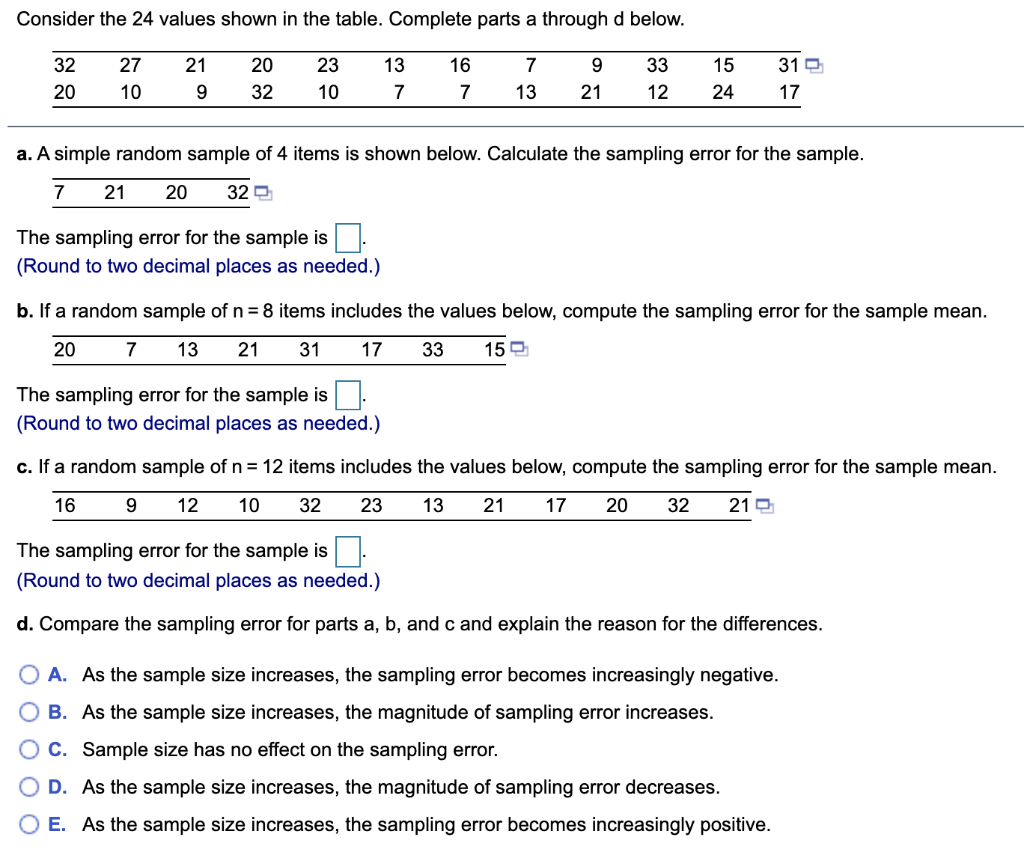 Solved Consider the 24 values shown in the table. Complete | Chegg.com