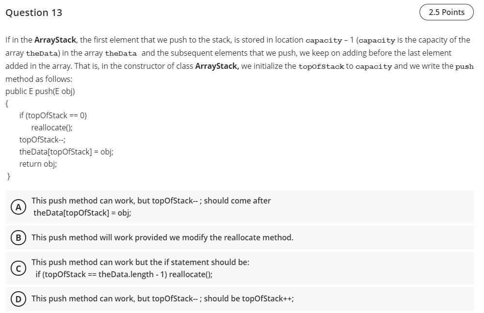 Solved Question 13 25 Points If In The Arraystack The 1298