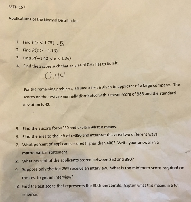 Solved MTH 157 Applications of the Normal Distribution 1. | Chegg.com