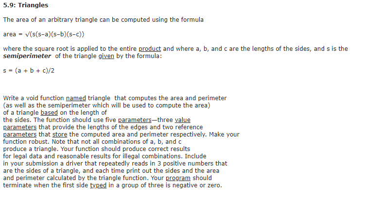 Solved 5.9: Triangles The area of an arbitrary triangle can | Chegg.com