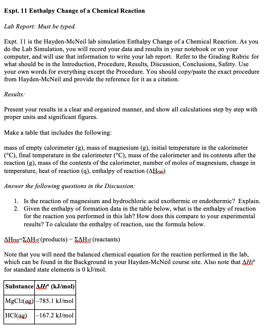 Solved Expt. 11 Enthalpy Change of a Chemical Reaction Lab | Chegg.com