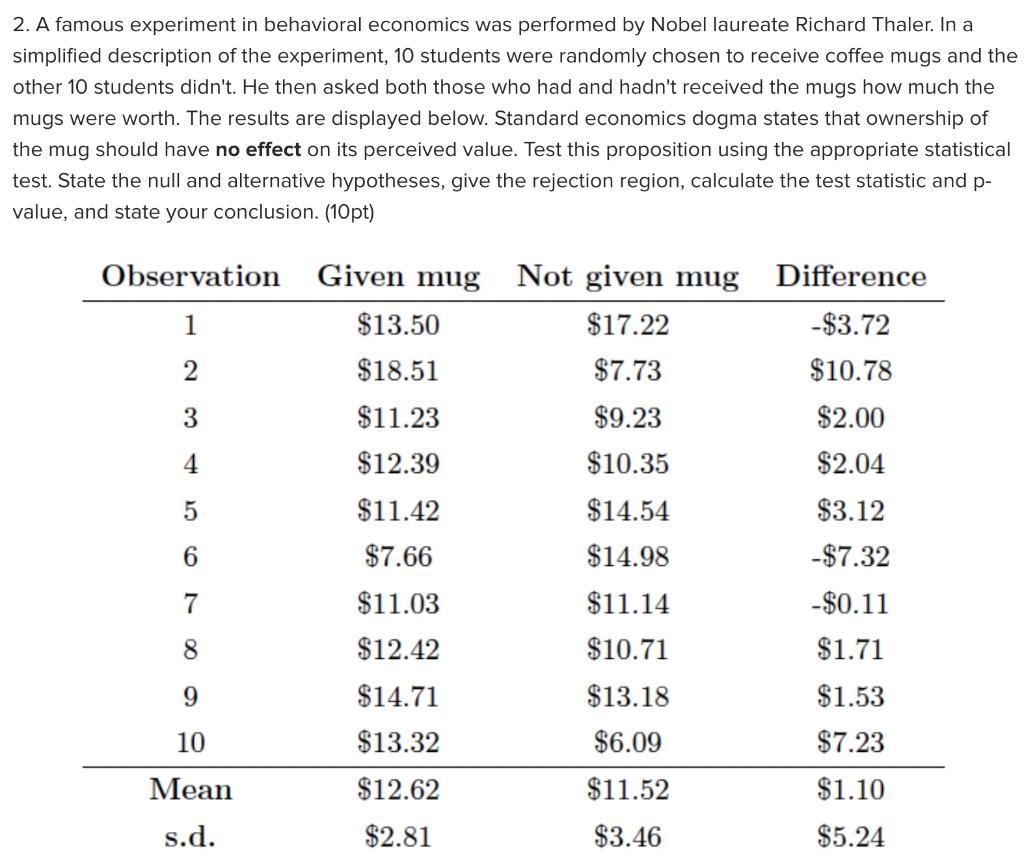 Solved 2. A famous experiment in behavioral economics was | Chegg.com
