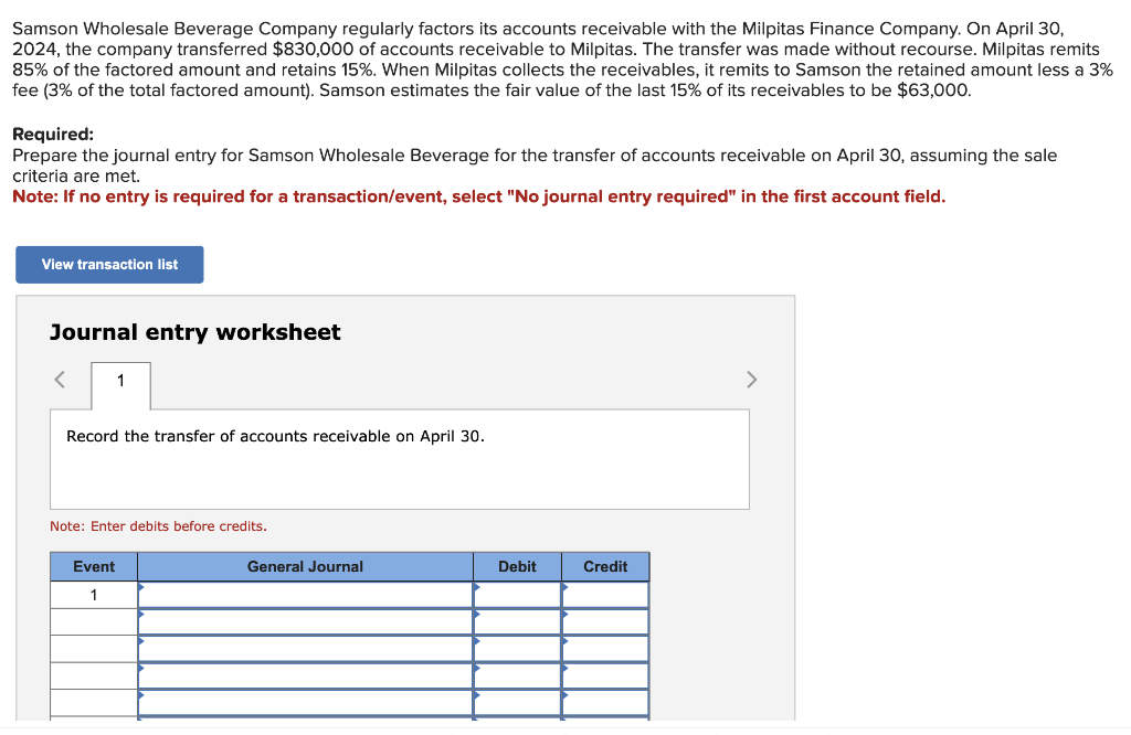 Solved Samson Wholesale Beverage Company regularly factors | Chegg.com