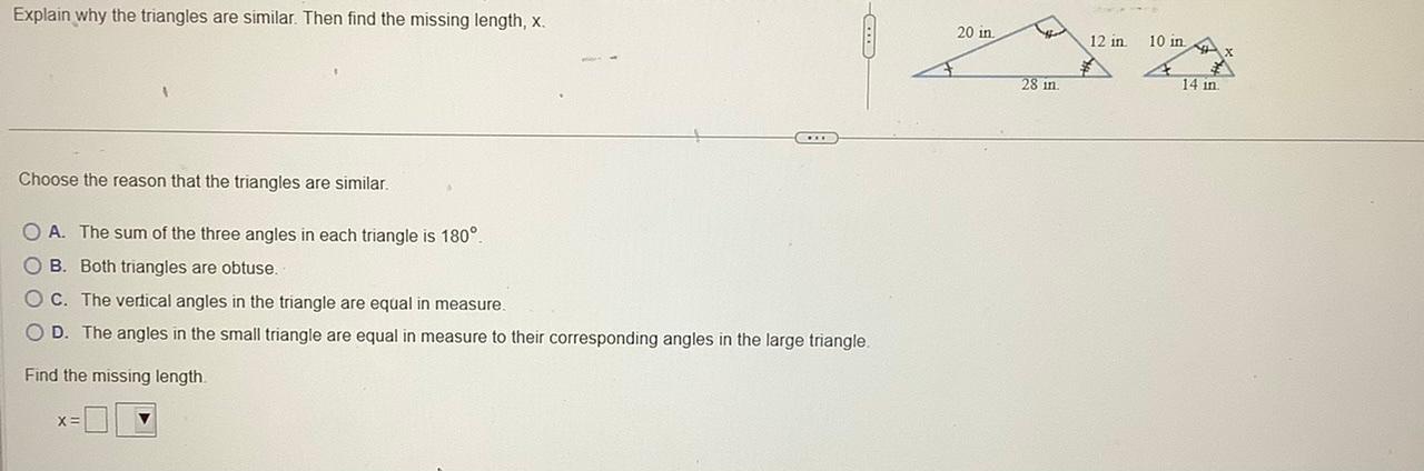 [Solved]: Explain why the triangles are similar. Then find