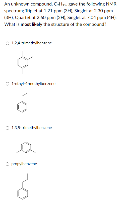Solved An unknown compound, C9H12, gave the following NMR | Chegg.com