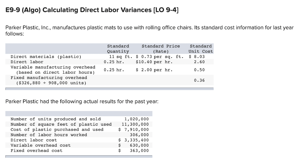 Solved E9-9 (Algo) Calculating Direct Labor Variances (LO | Chegg.com