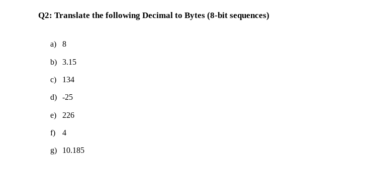 Solved Q2: Translate the following Decimal to Bytes (8-bit | Chegg.com