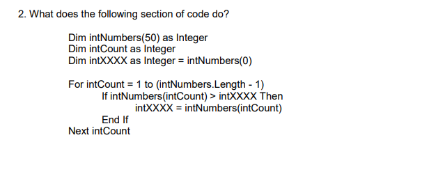 Solved 2. What does the following section of code do? Dim | Chegg.com