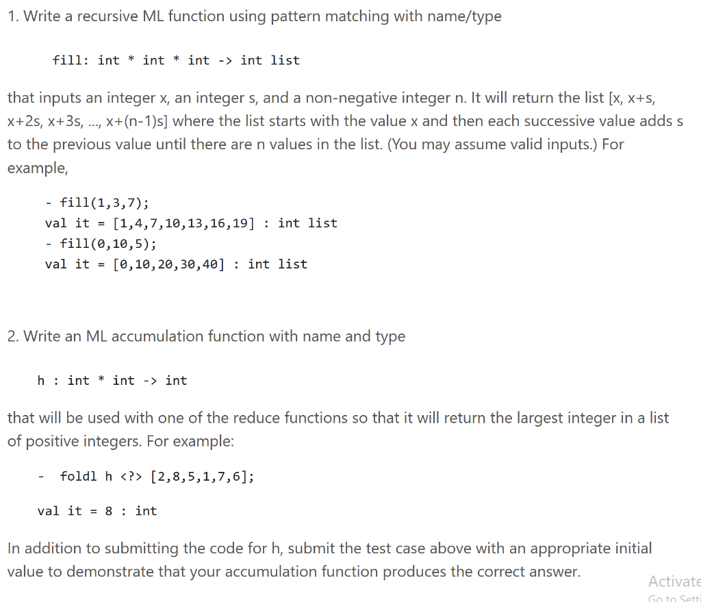 Solved 1. Write a recursive ML function using pattern | Chegg.com