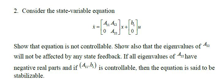 2. Consider the state-variable equation Show that | Chegg.com