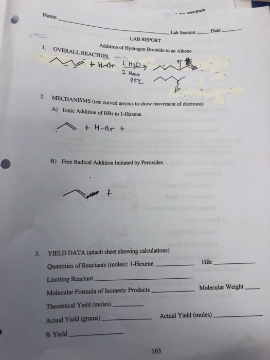 Solved Name Date Lab Section LAB REPORT Addition of Hydrogen | Chegg.com