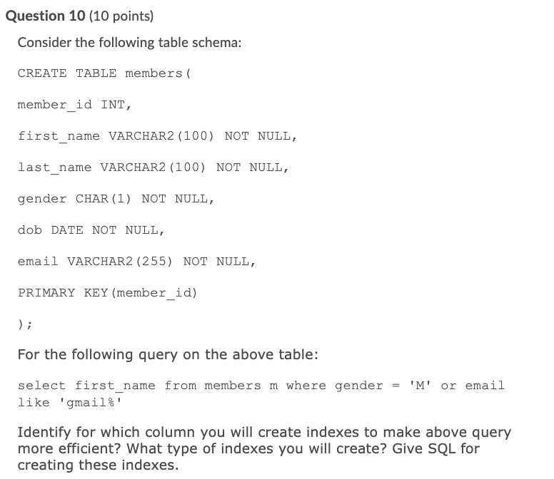 Solved Question 10 (10 points) Consider the following table | Chegg.com