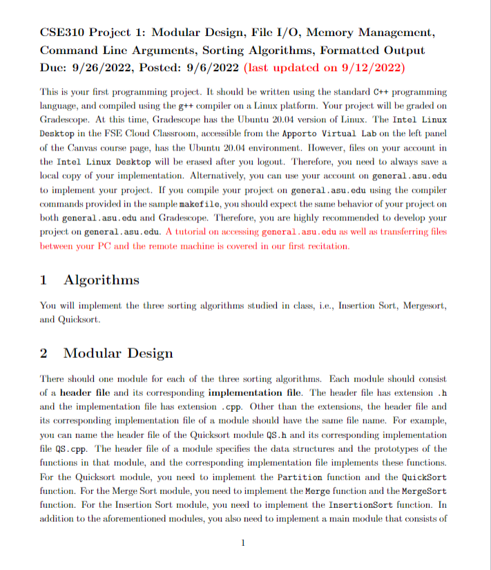 CSE310 Project 1: Modular Design, File I/O, Memory | Chegg.com
