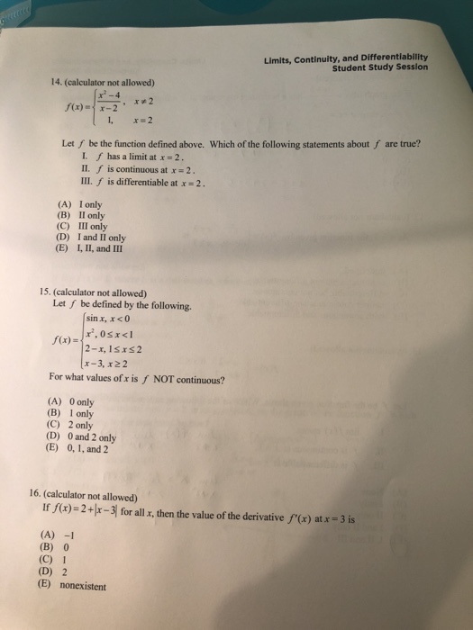 Solved Limits, Continuity, and Differentiability Student | Chegg.com