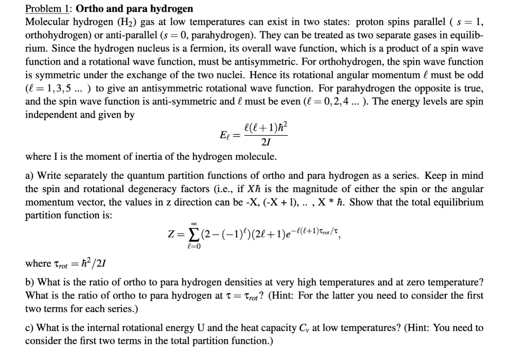 Problem 1: Ortho and para hydrogen Molecular hydrogen | Chegg.com