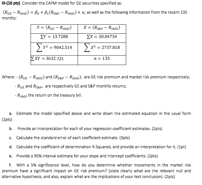 Solved III-(16 pts) Consider the CAPM model for GE | Chegg.com