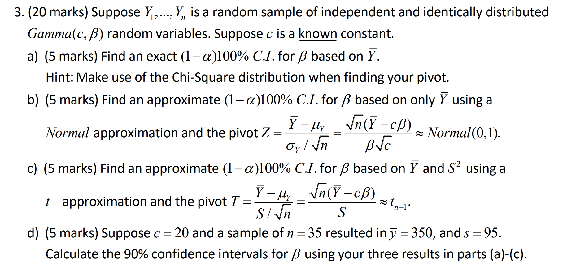 3. (20 marks) Suppose Y1,…,Yn is a random sample of | Chegg.com