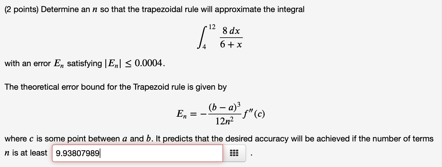 Solved ( 2 ﻿points) ﻿Determine an n ﻿so that the trapezoidal | Chegg.com