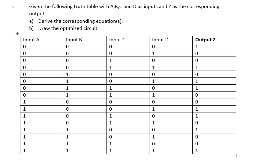 Solved 1. Given the following truth table with A,B,C and D | Chegg.com