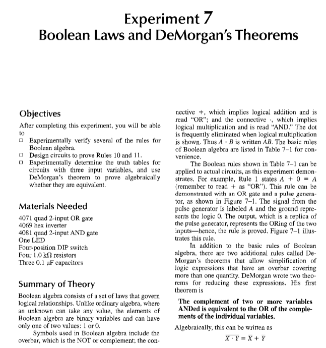 Solved Experiment 7 Boolean Laws and DeMorgan's Theorems to | Chegg.com