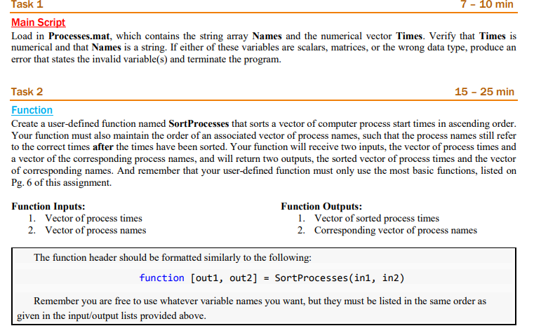 Task 1 7- 10 min Main Script Load in Processes.mat, | Chegg.com