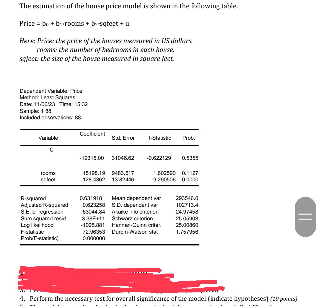 Solved The estimation of the house price model is shown in | Chegg.com