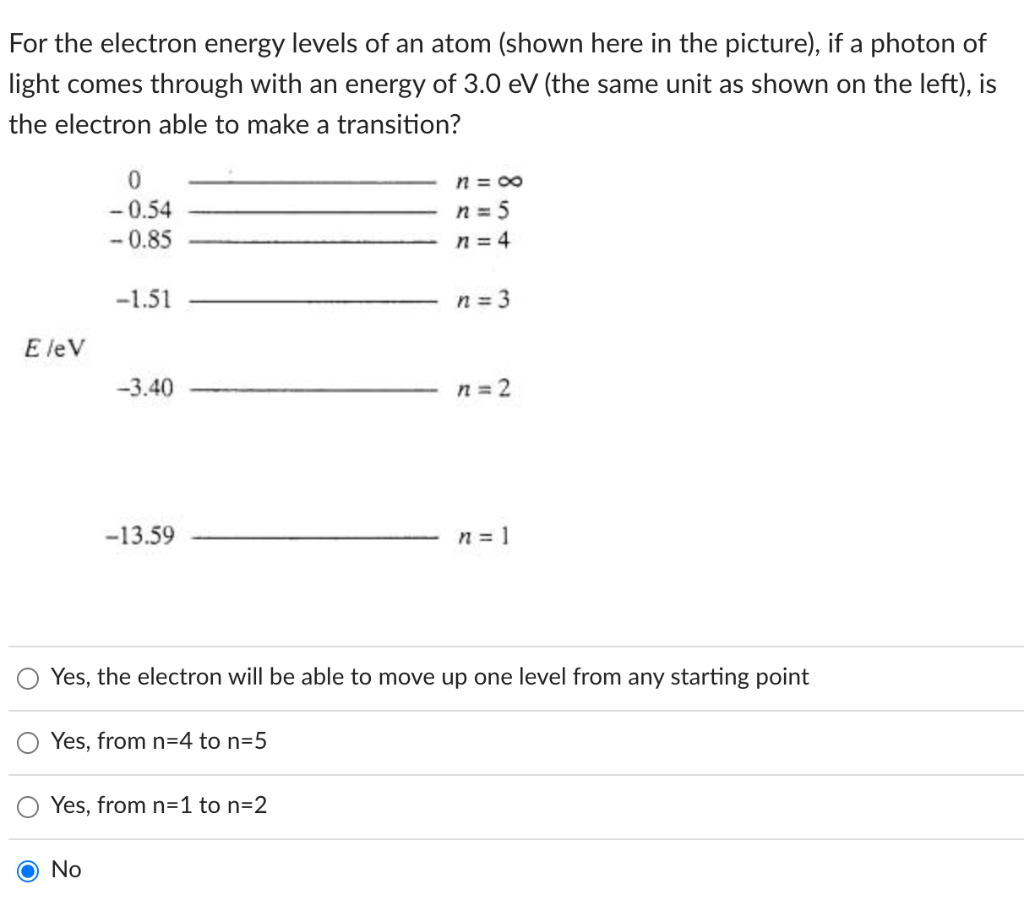 Solved For the electron energy levels of an atom (shown here | Chegg.com
