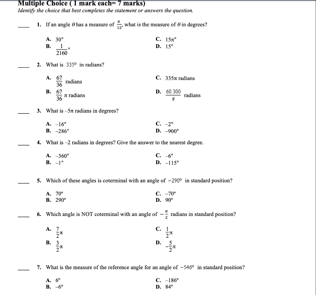 Solved Multiple Choice (1 mark each=7 marks) Identify the | Chegg.com